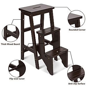 DORTALA 3 Tier Folding Step Stool, Rubber Wood Multifunctional Ladder Chair Bench, Portable Utility Seat, Flower Rack, 353 Lbs Capacity, Ideal for Library, Home (Coffee)