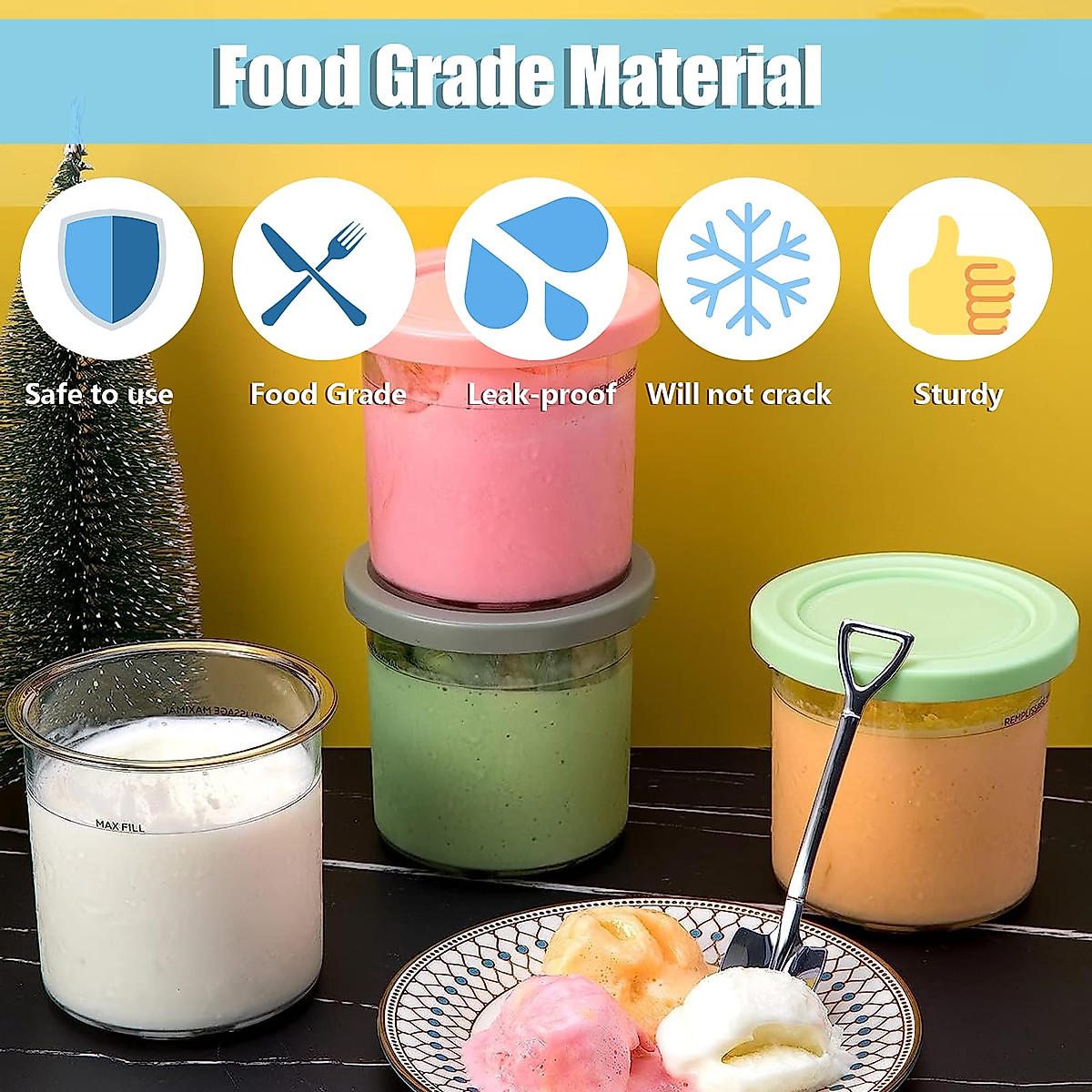 4pcs Ice Cream Pint Containers Replacement for Ninja Creami Pints and Lids, Compatible with NC301 NC300 NC299AMZ Series Ice Cream Maker, Dishwasher Safe & BPA-Free Leak Proof Ice Cream Container Box