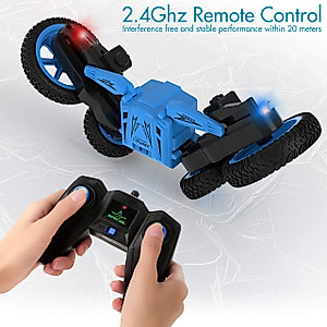 Batlofty Stunt Car Toy, 4WD 2.4Ghz Remote Control Car Double Sided Drive 360° Rotating & Tumbling RC Cars, High Speed, Cool Lights, Off-Road Racing Vehicle Gift Toy Cars for 8+ Girls and Boys, Blue