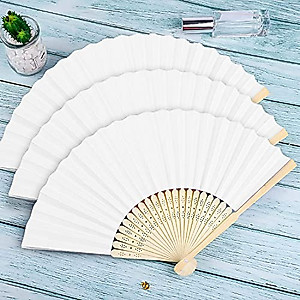 FEPITO 65 Pieces White Handheld Paper Fan Paper Folding Fans with Bamboos for Wedding Gift, Party, Home, DIY