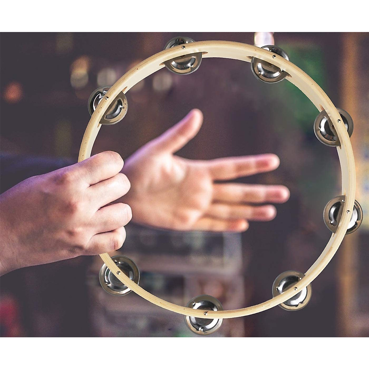 EASTROCK Hand Held Tambourine Ring 3 Packs and Bongos Drum 4”+5” Set Wood Percussion Instruments