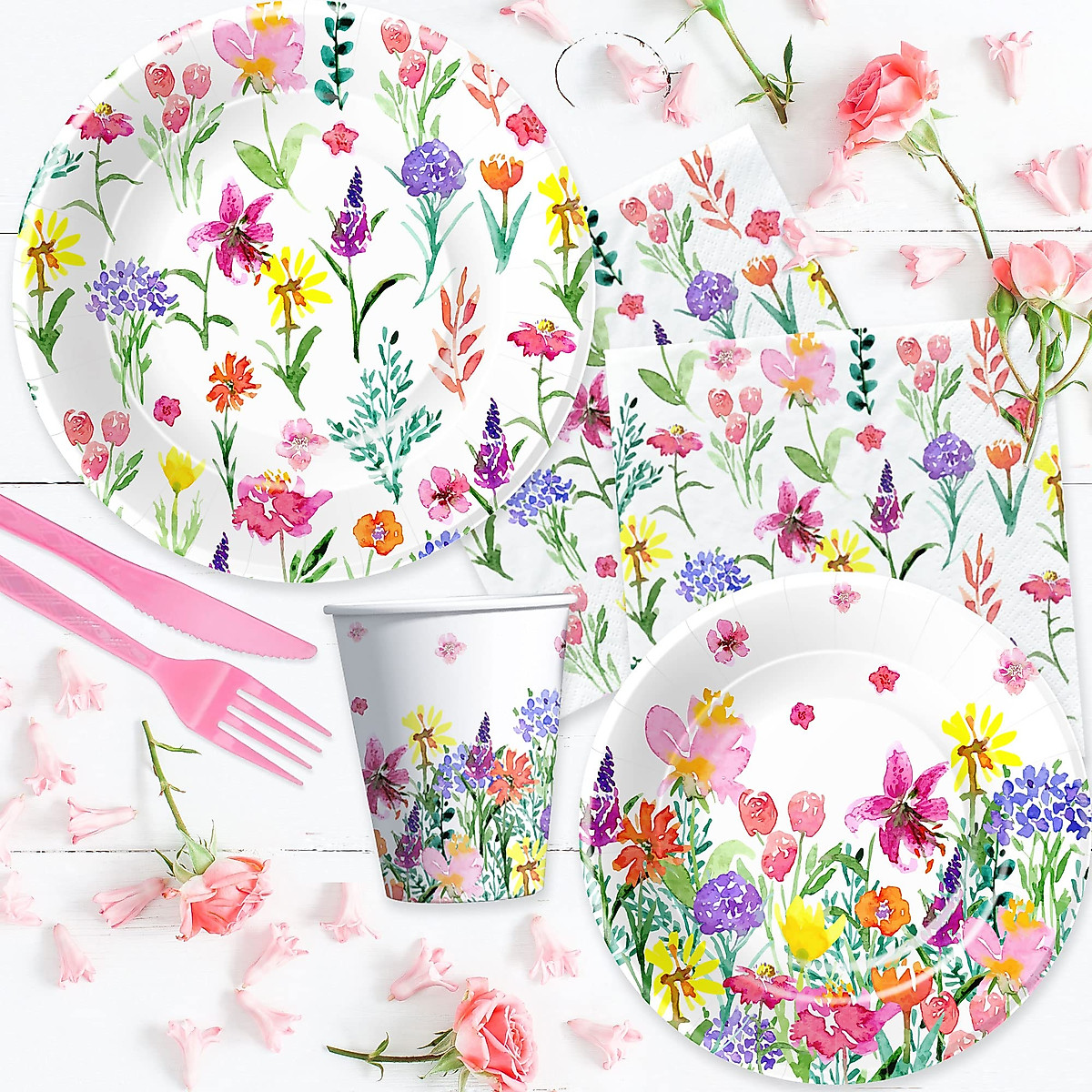 Xigejob Wildflower Decorations Tableware - Floral Party Supplies, Plate, Cup, Napkin, Tablecloth, Cutlery, Spring Summer Flower Party Decorations For Birthday, Baby Shower, Tea Party | Serve 24