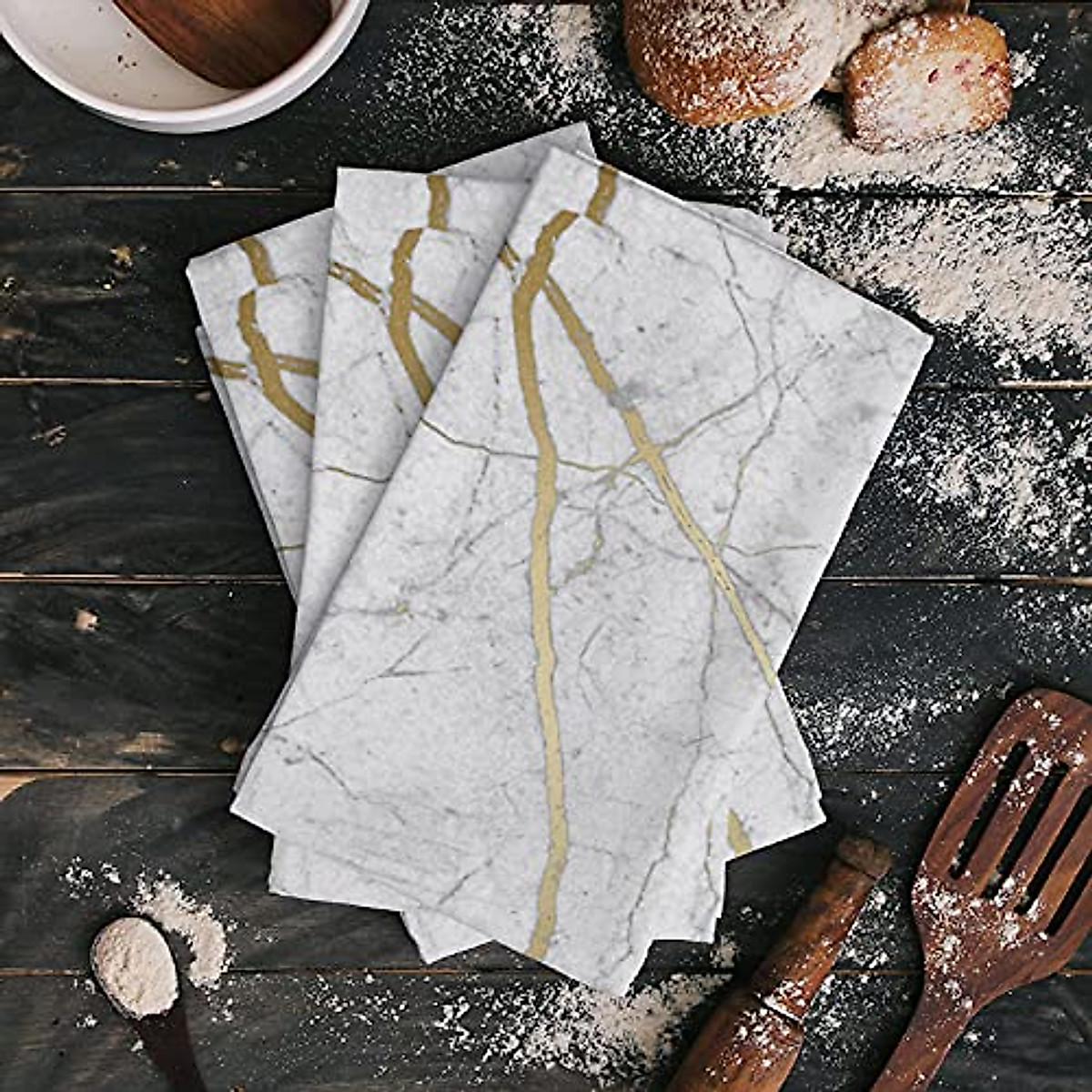 Marble Gold Kitchen Towels,White Grey Gray Modern Absorbent Elegant Microfiber Kitchen Dish Hand Tea Bath Towel,Little Black Textured Quick Dry Cleaning Cloth Dishclothes Decorative Sets (1-PC,18x28)