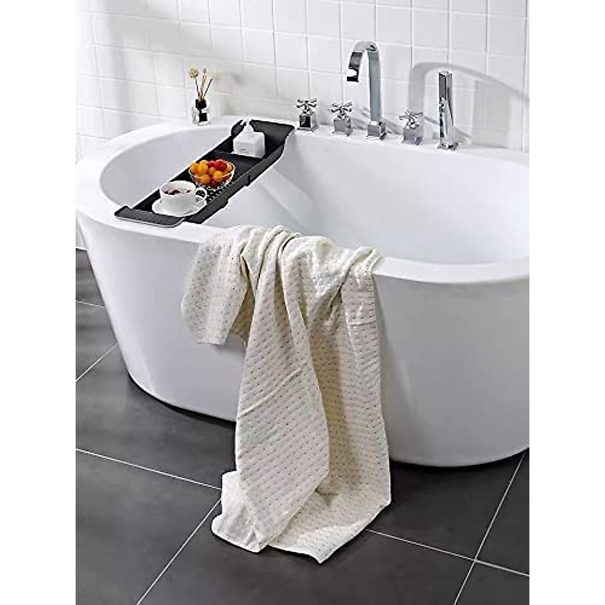 JUSHUMAOYI - Adjustable Bathtub Caddy Tray- Bath Tub Table Caddy -Bath Tray for Bathtub -White
