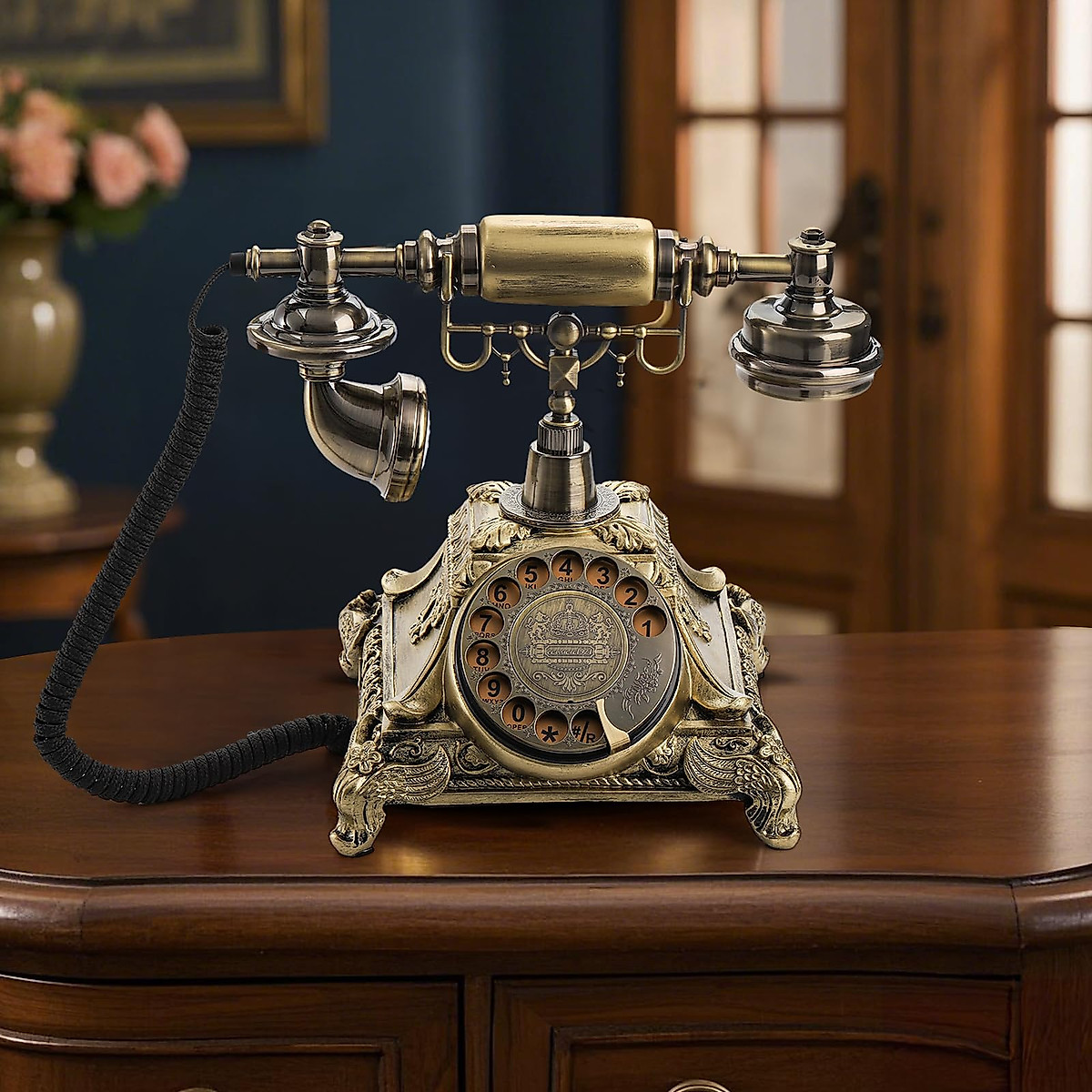 Jucoan Vintage Rotary Telephone, Retro Old Fashioned Classic Corded Phone, Decorative Antique Landline Phone for Home Office Decor, Bronze