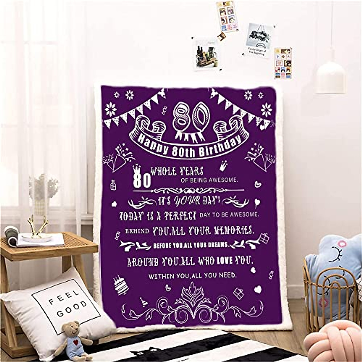 CYREKUD 80th Birthday Gifts for Women Blanket,Happy 80th Birthday Decorations for Women Men Throw Blanket,Grandma Birthday Gifts Purple Blanket for Couch Sofa Bedroom,Women Gifts for Birthday Decor