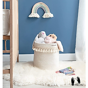 Mkono Macrame Decorative Cotton Rope Basket Boho Nursery Decor Small Cute Woven Tassel Closet Storage Bins Organizer for Baby Toys,Magazines, Potted Plants Cover,Living Room,Bedroom, 11"x11"