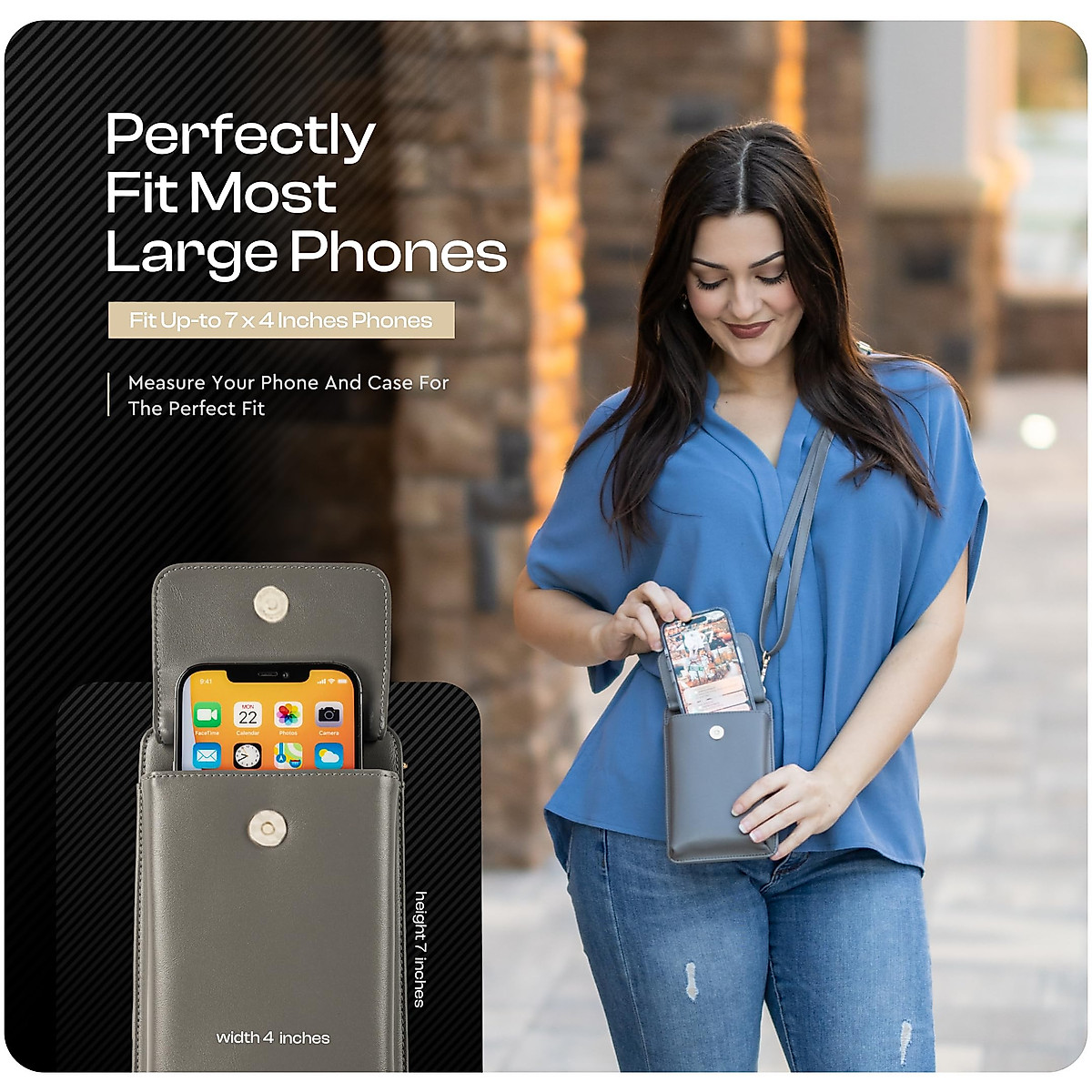 Claasico Womens Crossbody Wallet & Phone Case | iPhone/Samsung/LG Magnet Cell Pouch & Handbag Grey