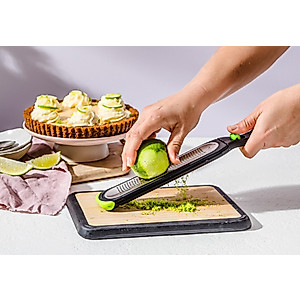 Dreamfarm Ozest Self-Cleaning POP-Button Zester for Fine, Fluffy Citrus Zest, Cheese, Nut, & Spices with Non-Slip Silicone Foot - 1mm Zester, Black/Green