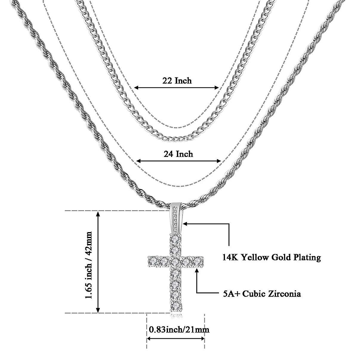GEMOSA Cross Chain for Men 14K Gold Silver Plated Solid Iced Out 5A+ Cubic Zirconia Stainless Steel Cuban Link rope Layered Chains 1624 Inch Large Cross Diamond Pendant Nceklace for Women Boys Girls