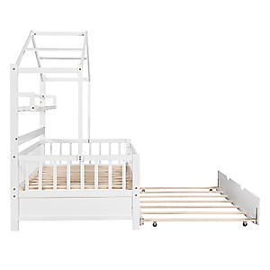 Harper & Bright Designs Wooden Twin Size House Bed with Trundle,Kids Bed with Shelf, White (Twin, White+Trundle)