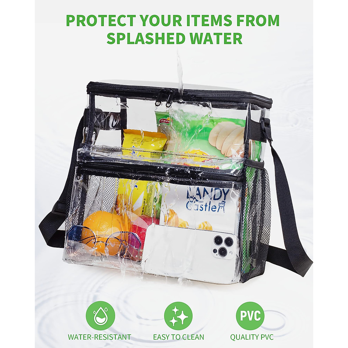 Vorspack Clear Tote Bag - Clear Bag Stadium Approved 12x12x6 Clear Lunch Bag Clear Crossbody Bag for Sports Events Concerts Work College - Black