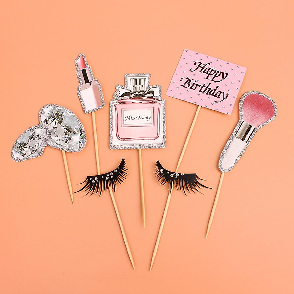 Weenkeey 15 PCS Makeup Cupcake Toppers Cosmetics Theme Happy Birthday Cake Toppers Lipstick Eyelashes Makeup Brushes Diamond Perfume Bottle Cake Picks for Bridal Shower Girls Birthday Party