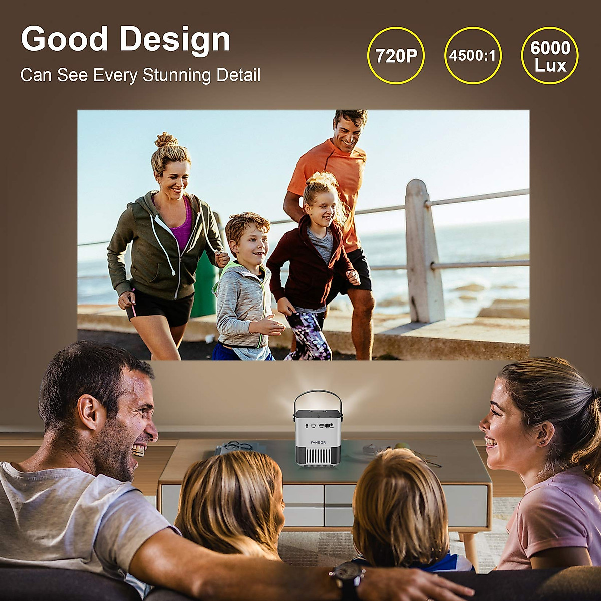 FANGOR WiFi Projector, 200" Display&1080P Supported, 360° Speaker/Bluetooth, 6000L Portable Wireless Mini Projector for Outdoor Movie, Sync Smartphone Screen via WiFi/USB Cable, for iOS/Android