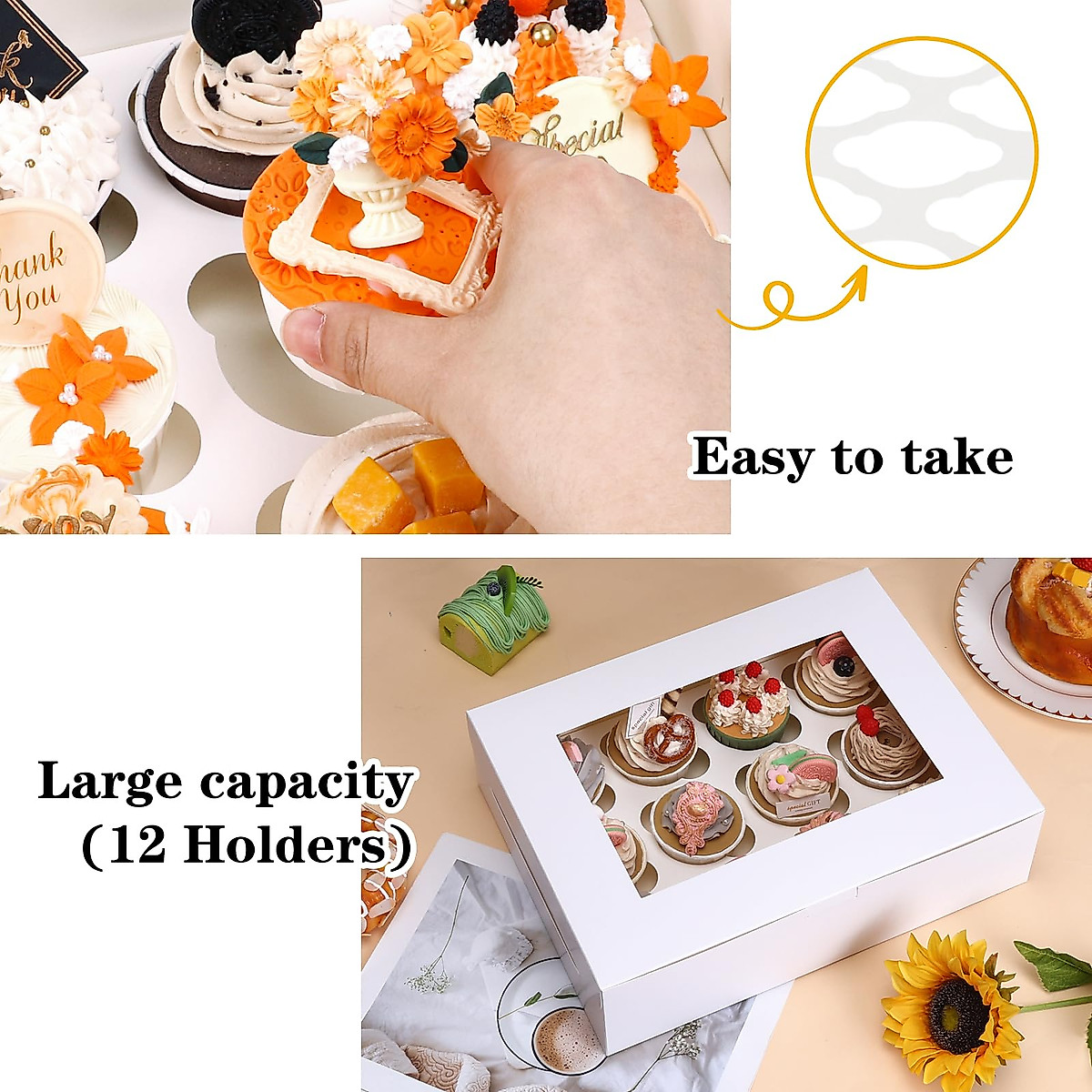 Moretoes 30pcs Cupcake Boxes Bulk White Cupcake Containers with Windows 30 Pcs 12 Count Cardboard Inserts to Fit Muffins Cupcake Carrier for Cookies