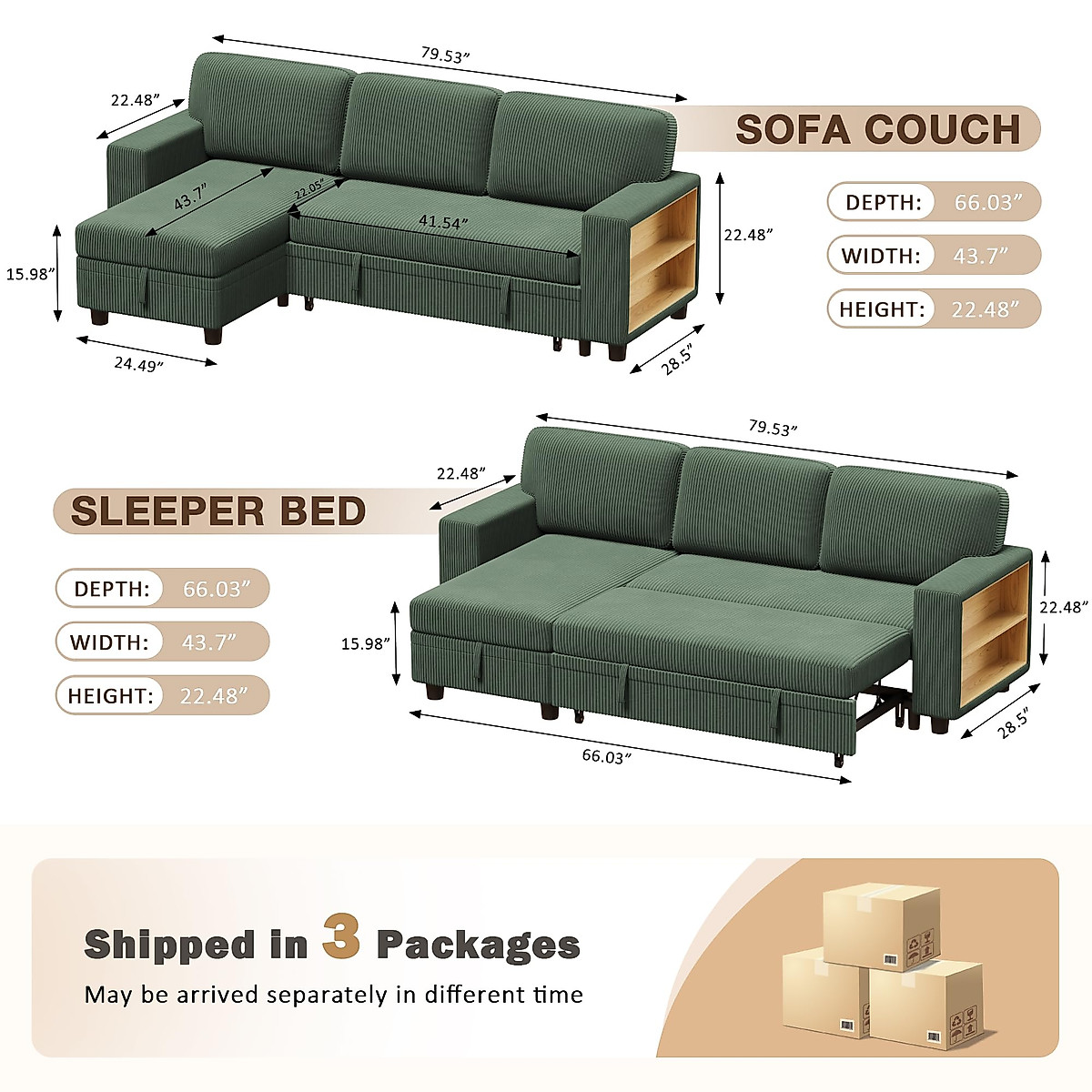 Flamaker 80" Sleeper Sofa, Sofa Bed with Built-in Large Storage and 2 Bookshelves, Convertible Sectional Sofa Couch, Pull Out Couch with USB, Modern Couches for Living Room (Corduroy, Green)