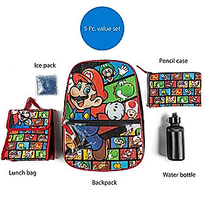 Super Mario Backpack with Lunch Box Set for Boys & Girls, 16 inch, 5 Piece Value Set