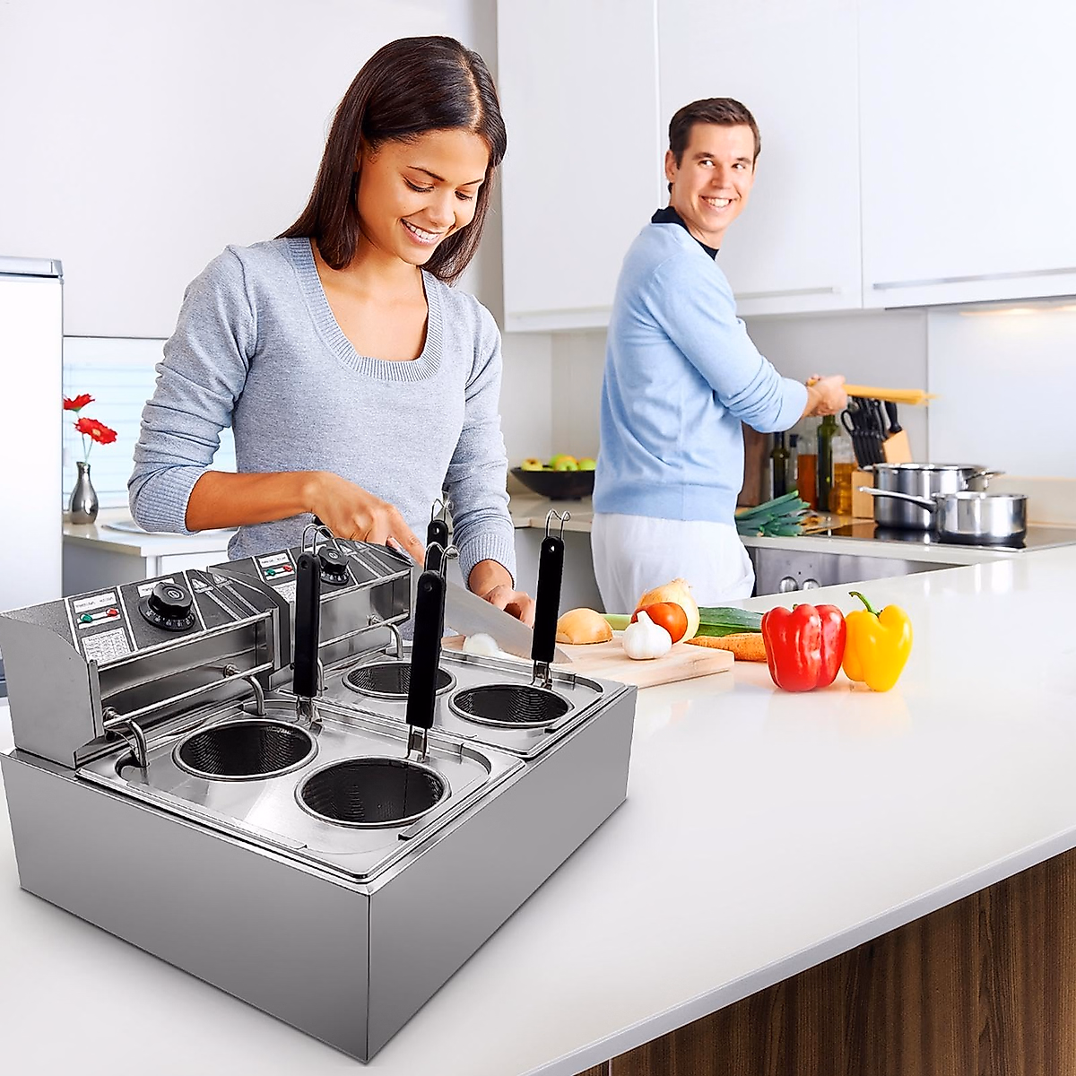 Commercial Pasta Cooker - 4-Basket Electric Noodle Pasta Cooker 110V US Plug - Temperature Adjustable Boiler for Vegetables, Spaghetti, Dumplings, Soup, Fried Snacks