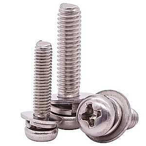 M4-0.7 x 6mm (100 Sets) Pan Head Machine Screws with Flat Washers and Lock Washers, Stainless Steel 304 (18-8), Phillips Drive, Full Coarse Thread UNC, Bright Finish