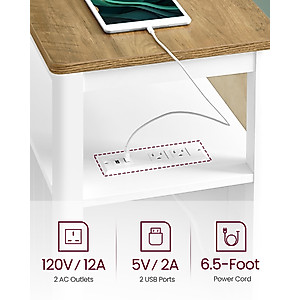 VASAGLE Side Table with Charging Station, Narrow Nightstand with 2 Drawers, Living Room End Table with Storage, for Small Spaces, Coastal Style, Rustic Walnut and Classic White ULET322T14