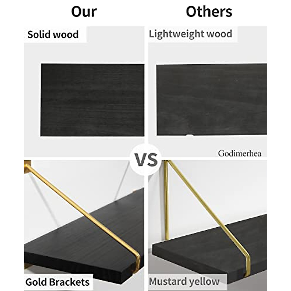 Godimerhea Black Floating Shelves for Wall, Set of 2 Wall Mounted Hanging Wood Shelf with Gold Brackets, Modern Luxury Decor Organizers Storage Shelves for Bathroom, Living Room, Bedroom