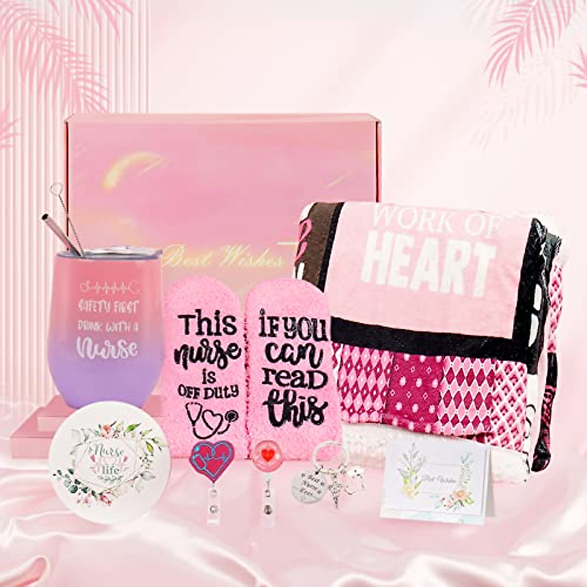 Nurse Gifts Box for Women, Nurse Appreciation Gift Set with Super Soft Nurse Throw Blanket, Wine Tumbler, Coaster, Socks, Keychain, 2pcs Badge Holder Reel, Card(Purple)