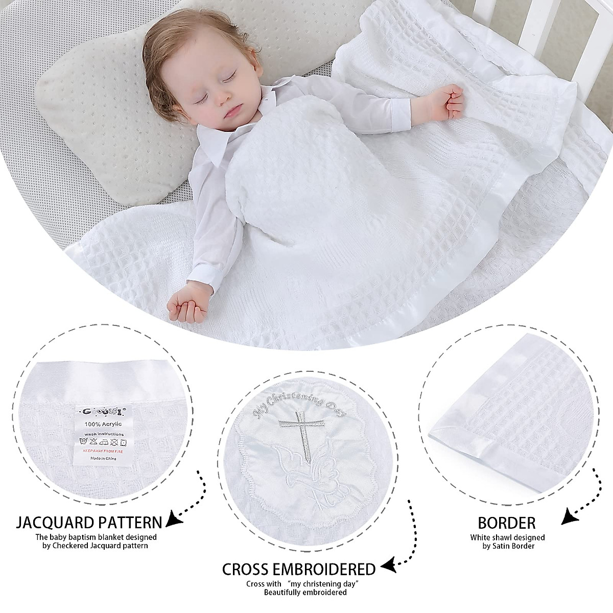 Booulfi Baby Blanket Newborn Unisex White Baby Blanket Shawl Knitted Nursing Cover Baby Summer Autumn Winter Baptism Christening Blanket with Embroidered Cross
