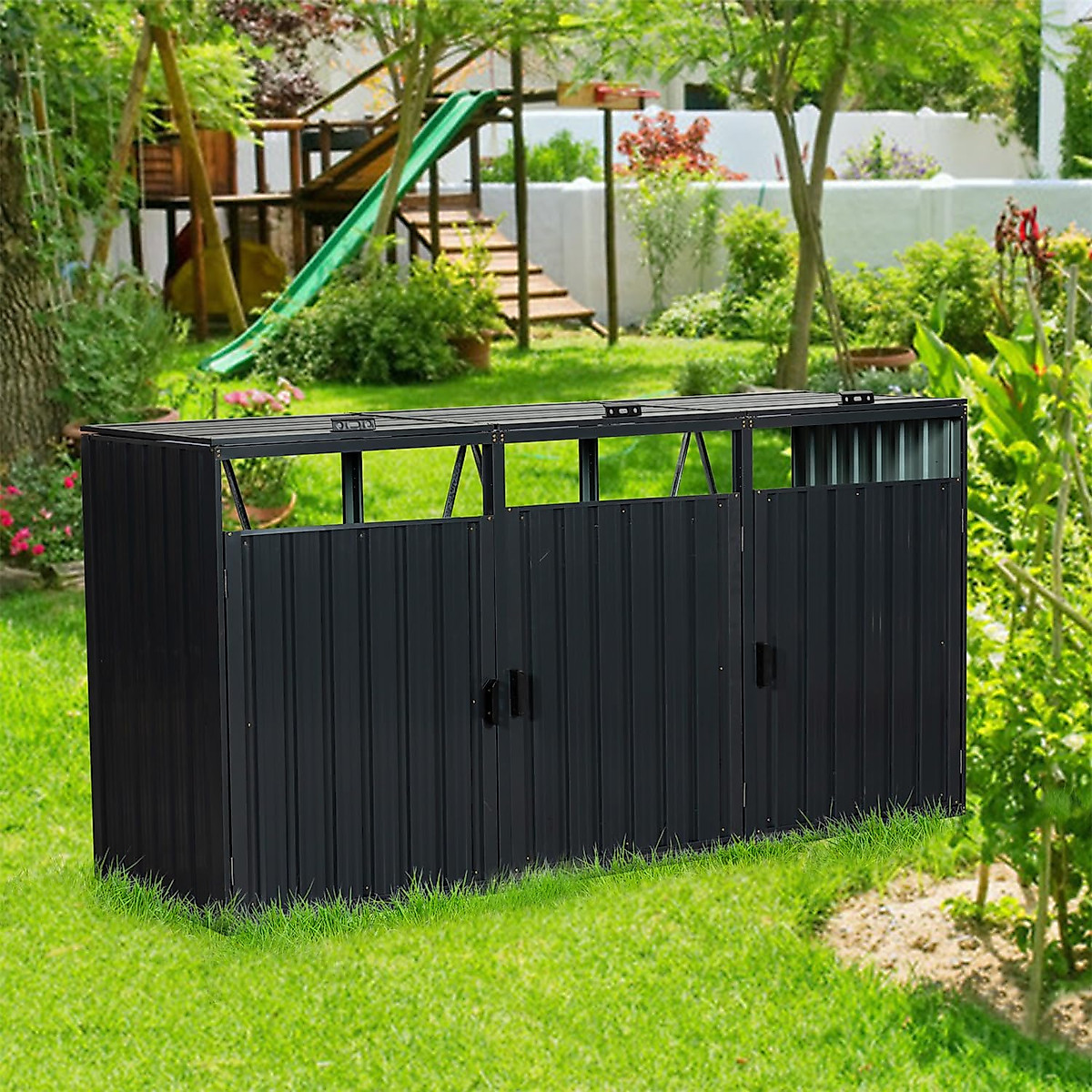 Metal Outdoor Trash Bin Shed for Storing 3 Trash Cans, Stainless Steel Galvanized, Garden Yard Lawn Trash Bin Shed, Black