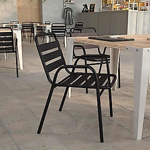 Flash Furniture Lila Commercial Restaurant Stack Chair with Triple Slat Back and Arms, Indoor-Outdoor Dining Chair, Black