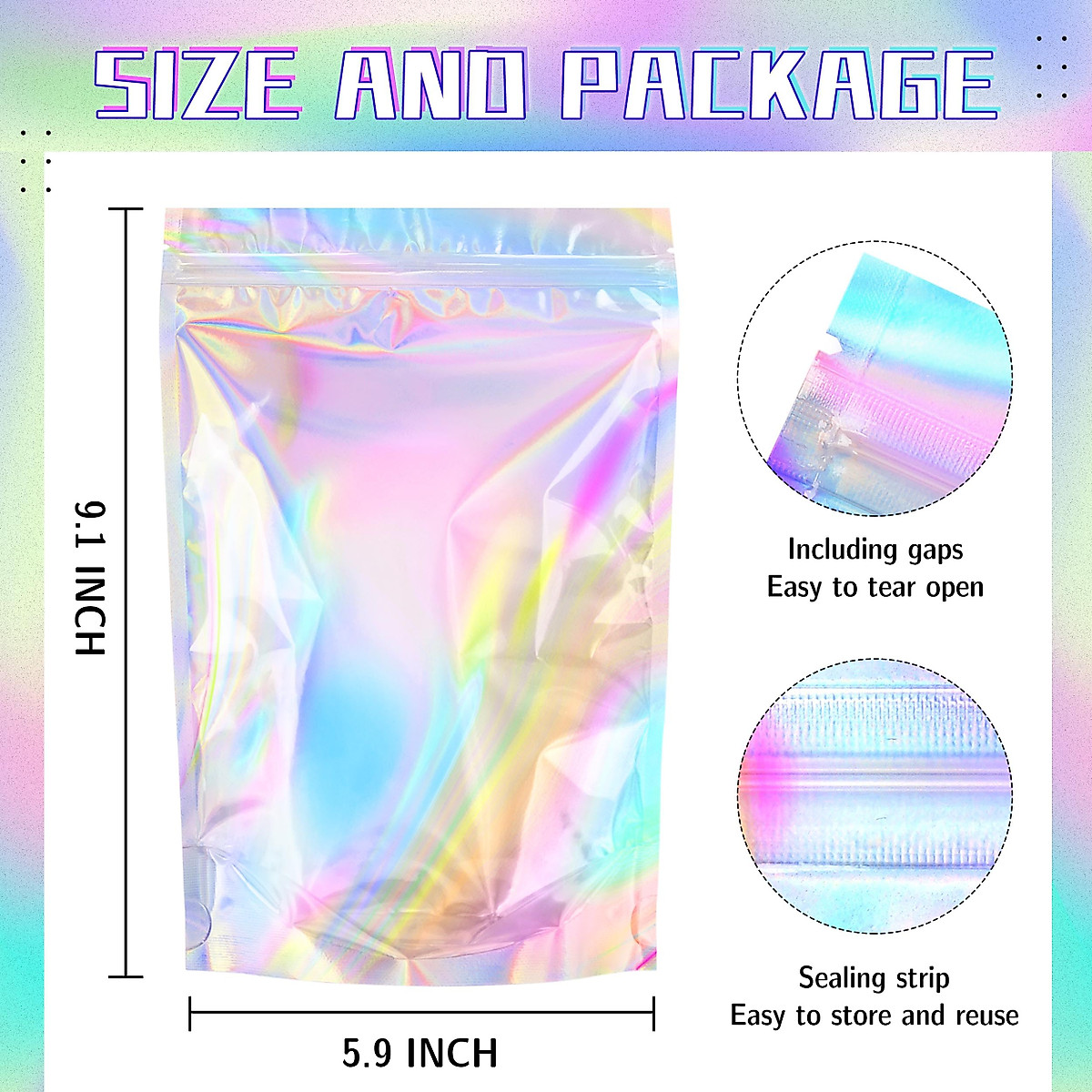 NPLUX Stand Up Holographic Mylar Bags Resealable Zipper Bags for Small Business Packaging Supplies(100PACK, 6x9IN)