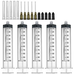 5 Pack 100ml Syringes with 14G 1.0'' Blunt Tip Needles and Storage Caps(Luer Lock), Plastic Reusable Syringe for Glue Applicator, Oil Dispensing Multiple Uses