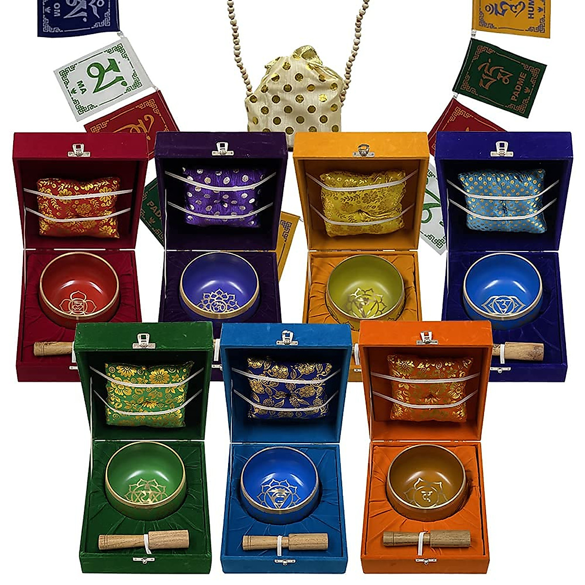 Chakra Singing Bowls Set Cuencos Tibetanos With Cushion Mallet Tulsi Beads Mala Tibetan Prayer Flag For Meditation Mindfulness - Style2 Size Large