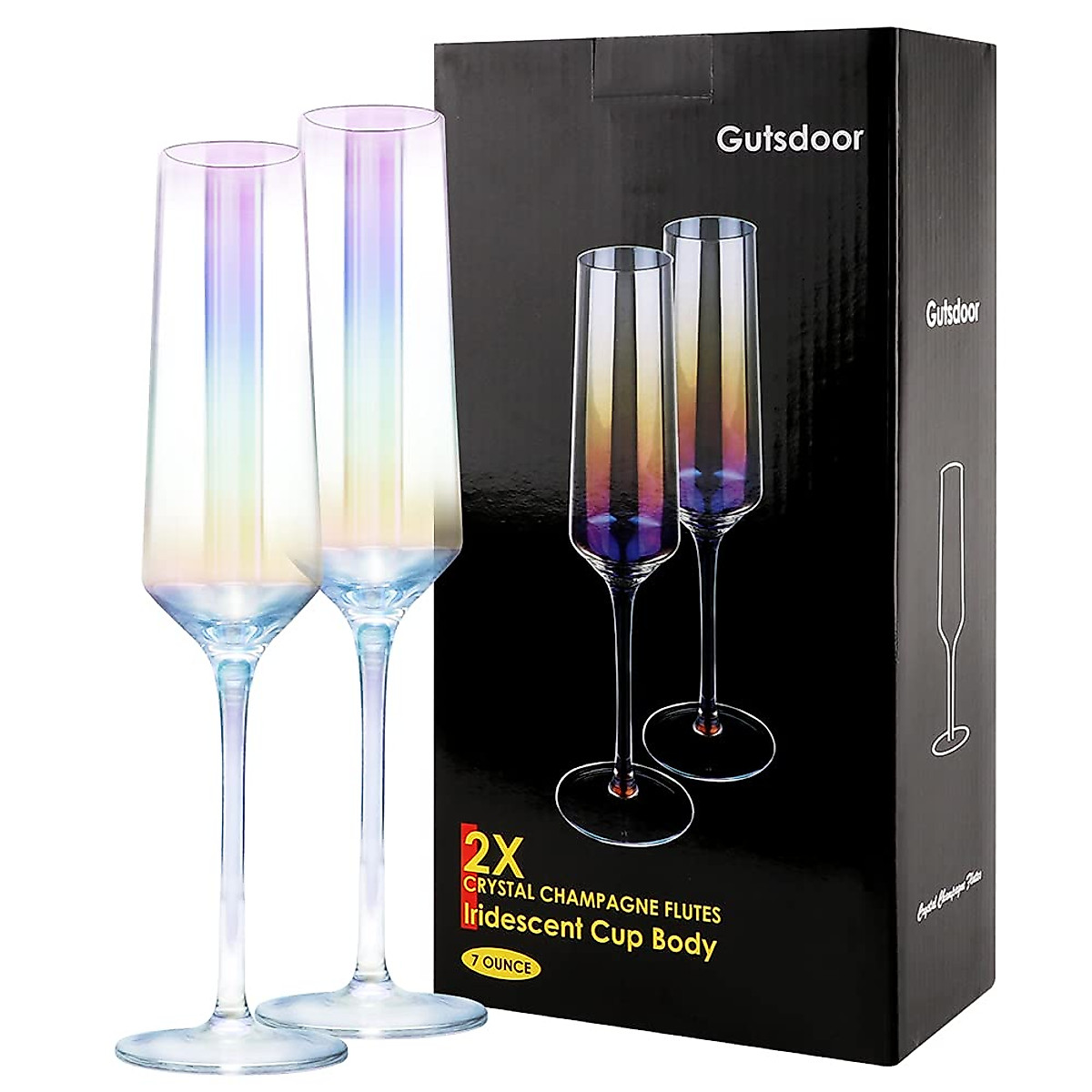 Gutsdoor Crystal Champagne Flutes Glass Set of 2 Iridescent Champagne Glass Flutes Wedding Christmas Valentine Cheers Champagne Flutes