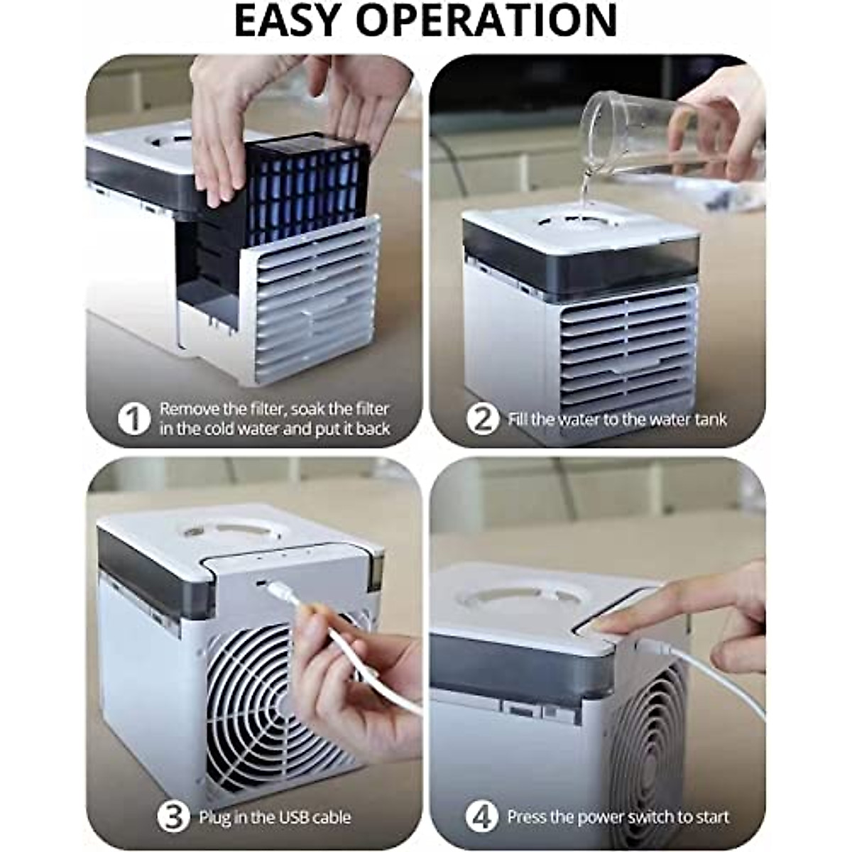Hua Sheng Portable air conditioner, personal air cooler, 3-speed 7-color night light, mini air conditioner, table fan in room and office, air humidifier, air cooler with USB cable