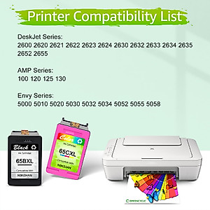 greencycle 65XL High Yield Ink Cartridges Remanufactured Replacement for HP Ink 65 Black and Color Combo Pack Compatible with Envy 5055 5052 5058 Deskjet 2655 2622 3720 3730 3752 3758 Series Printer
