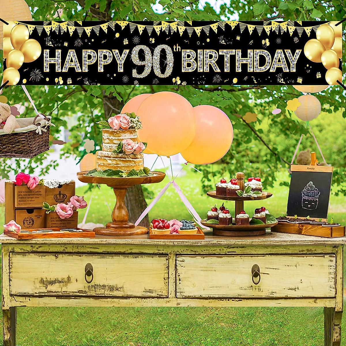 90th Birthday Banner Decorations for Women Men, Black Gold Happy 90 Year Old Birthday Sign Party Supplies, Ninety Birthday Photo Booth Props Decor(9.8 X 1.6ft)