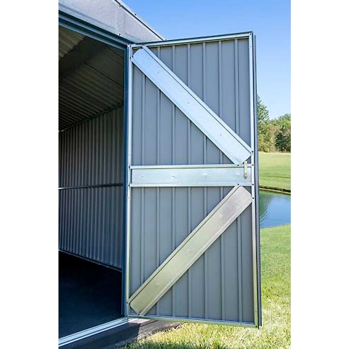 Arrow Shed Elite 14' x 16' Outdoor Lockable Gable Roof Steel Storage Shed Building, Blue Grey