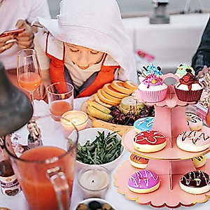 Cupcake Stand,3 Set of 3-Tier Dessert Plates Mini Cakes Fruit Candy Display Tower Cookie Tray Rack Candy Buffet Holder Cake Stand Cardboard Cupcake Stand Tiered Serving Stand (Pink)