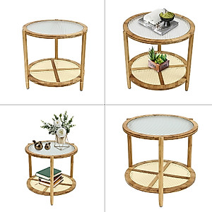 PaNeTnya 22 inch Bamboo Side Table End Table,2 Tier Round Side Table with Rattan Shelf and Glass Tabletop,Coffee Table for Living Room,Dining Room and Bedroom