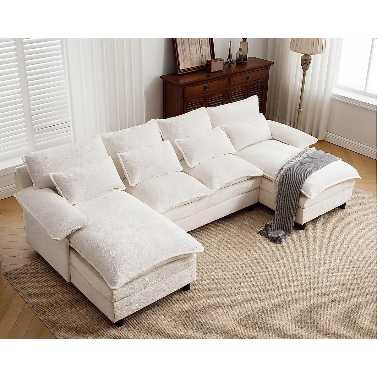 Siiejia U Shape Cloud Couch, 4 Seats Comfy Sectional Sofa Couches for Living Room, Modular Chenille Sofas with Double Reversible Chaise for Spacious Space Apartment, Beige