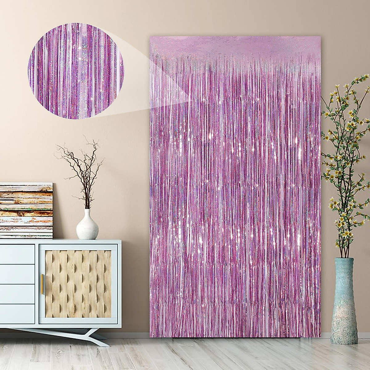 Glitter Pink Party Streamers 2Pack Glitter Foil Fringe Curtain 3.3 x 8.3ft Pink Party Decor Photo Booth Streamers Metallic Tinsel Door Streamer for XmasThanksgiving Engagement Party Decors Streamers