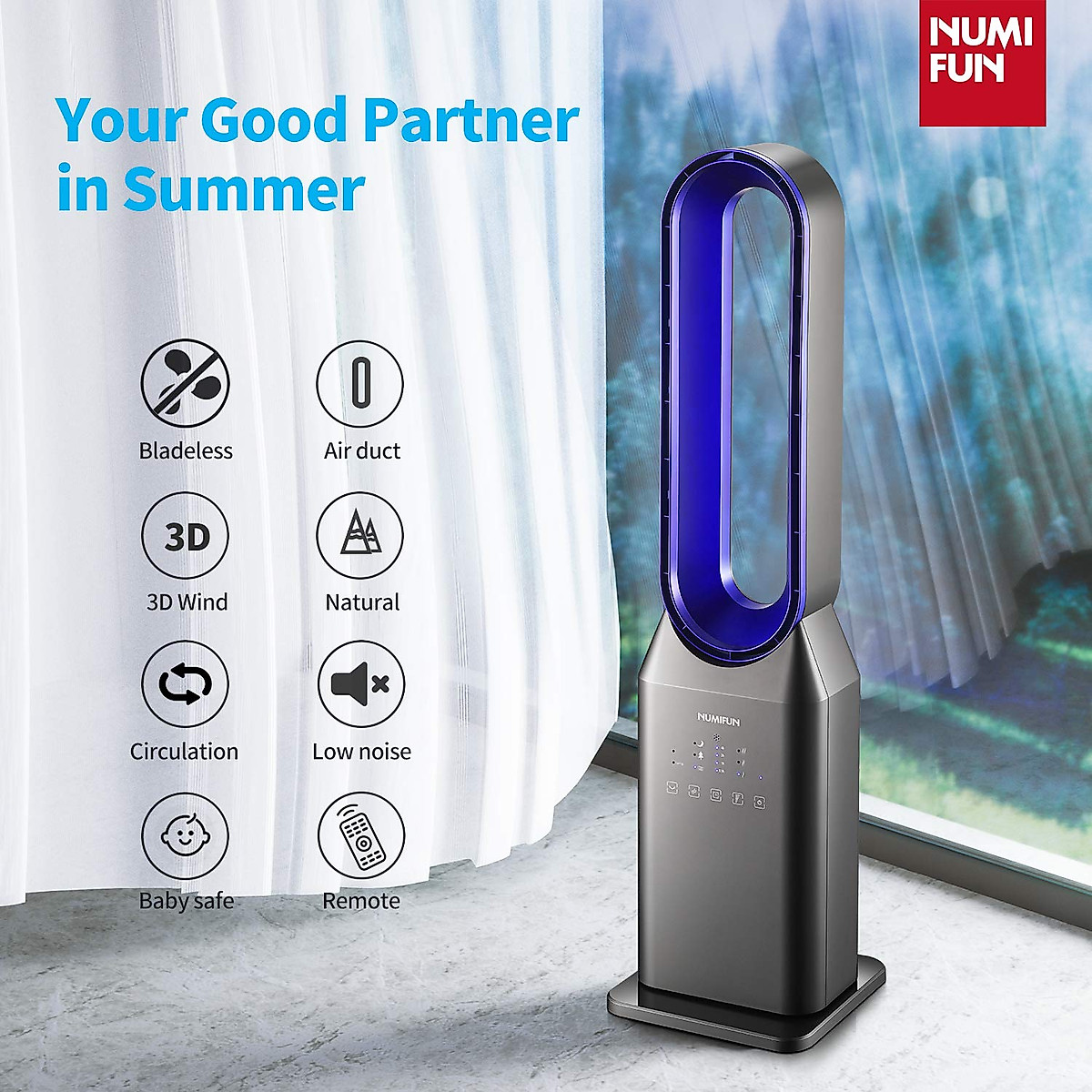 NUMIFUN Bladeless Tower Fan 36 Inches Portable Electric Standing Floor Fan Air Circulator with Oscillating and Remote Control for Indoor Home Large Room Bedroom Office Use
