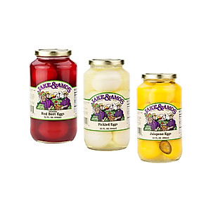 Jake & Amos Pickled Eggs Variety 3-Pack 34 oz. Jars: Red Beet Eggs, Pickled Eggs, Jalapeño Eggs