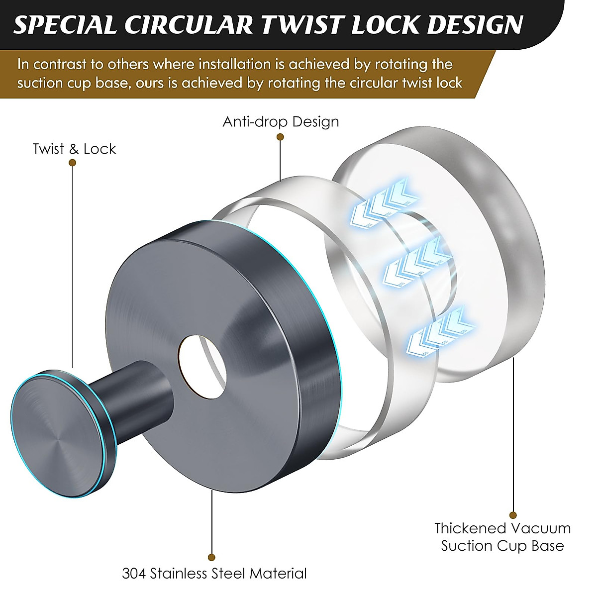 MOTAIPEAK Suction Cup Hooks for Shower,2Pcs Shower Hooks for Inside Shower,No Drill Towel Hooks for Bathroom Wall,Kitchen,Glass,Mirror,Tile to Hang Towels,Robes,Loofah-Grey