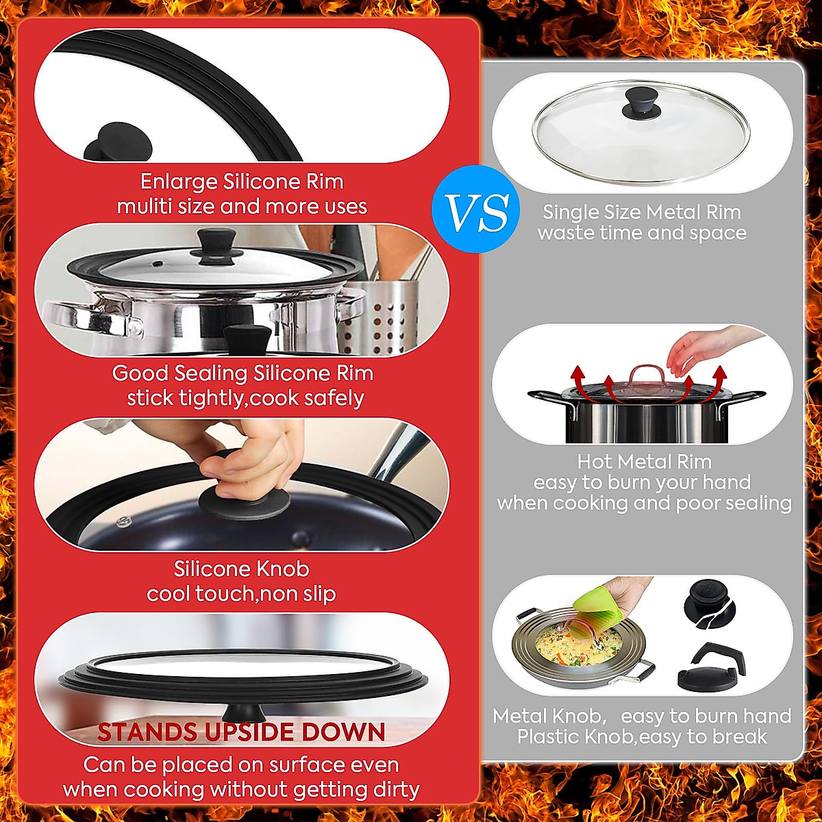 13-14-15in Universal Lid for Pots,Pans,Skillets,Large Replacement Frying Pan Cover,Big Cookware Lids,Tempered Glass with Heat Resistant Silicone Rim,Knob, BPA Free,Dishwasher Safe