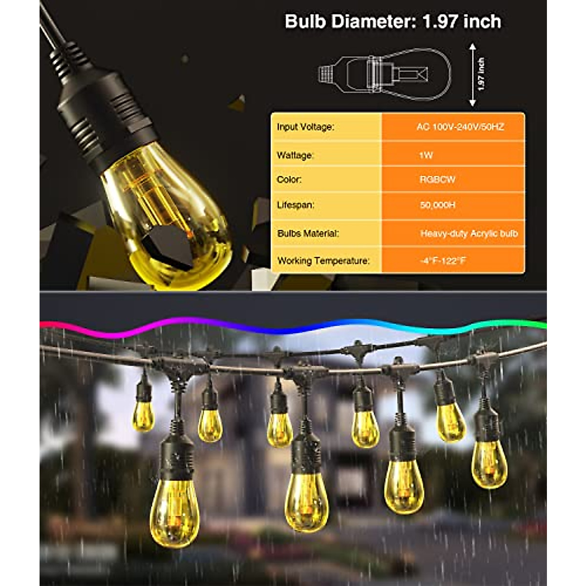 genlar Smart Christmas String Lights, APP Control Patio Lights LED RGBCW Color Changing Lights Dimmable Waterproof Shatterproof Commercial Hanging Lights for Outdoor Cafe Garden (48ft/15bulbs)