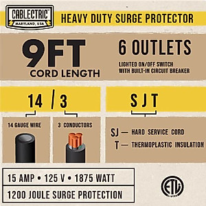 Cablectric Heavy Duty Power Strip Surge Protector for Appliances with 9 Ft Long Extension Cord 14 AWG, 6 Outlets Workshop Power Strip with 1200 Joules Surge, Wide Spaced Metal Power Strip 15 Amp