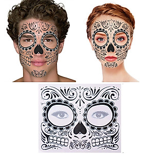4 Pack Day of the Dead Sugar Skull Face Temporary Tattoo Halloween Makeup Tattoo Stickers for Halloween Masquerade Party(Floral, Red Roses,Black and Floral Skeleton)