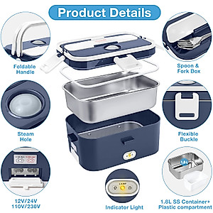 LHMTQVK Electric Lunch Box, Portable Food Warmer, Heated Lunch Box, Lunch Containers Lunch Warmer for Adults, 60W 1.8L 12V-24V 110V 3-in-1 Portable Microwave Food Heater (White+Royal blue)