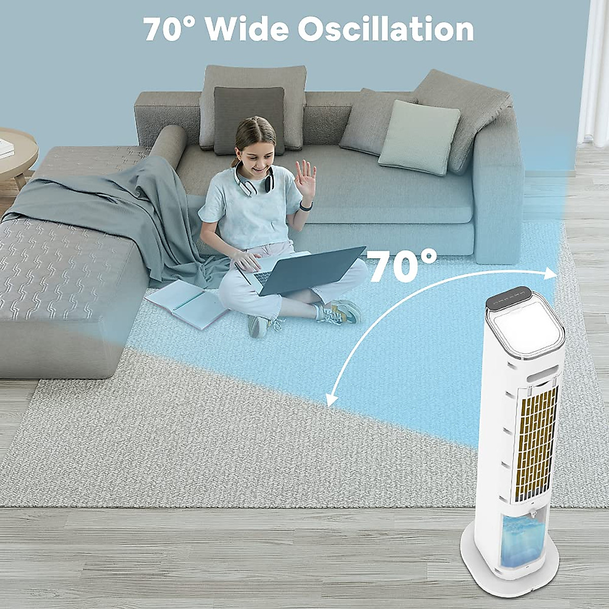 Evaporative Air Cooler, 70° Oscillating Cooling Fan for Room, LifePlus 42-Inch Bladeless Air Cooler with 1.32 Gal Water Tank, 4 Ice Packs, 12H Timer